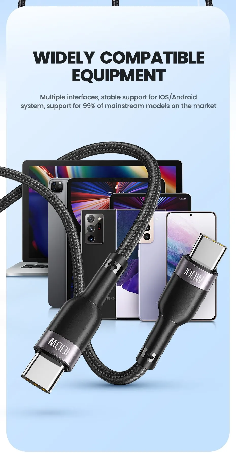 Cable 3 en 1 de 100W con conexiones micro USB, tipo C y Lightning por 4€